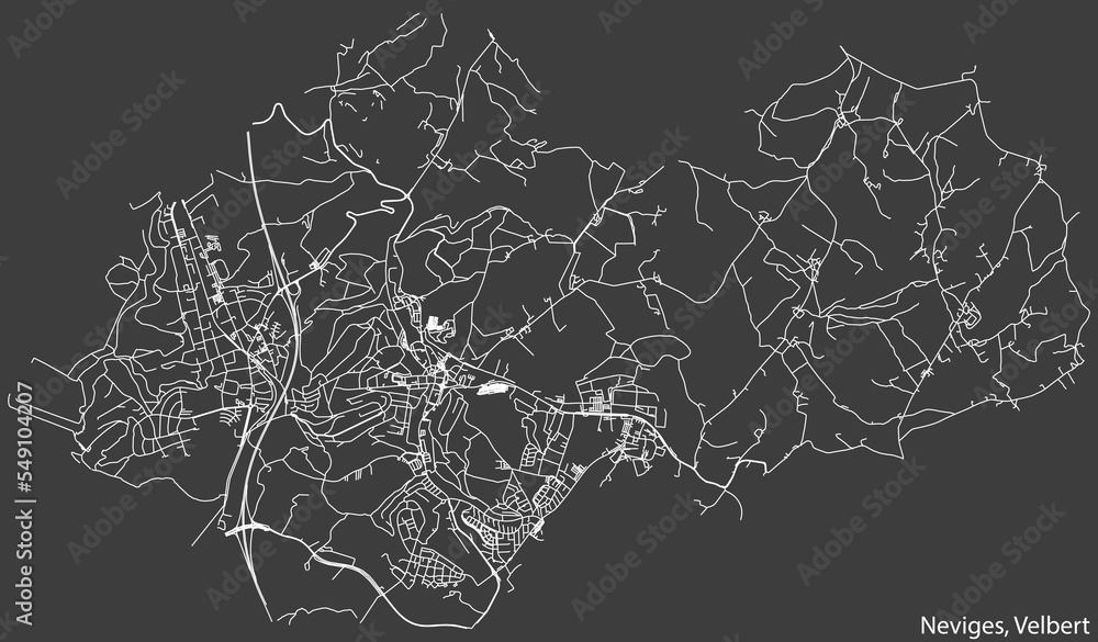 Detailed negative navigation white lines urban street roads map of the ...