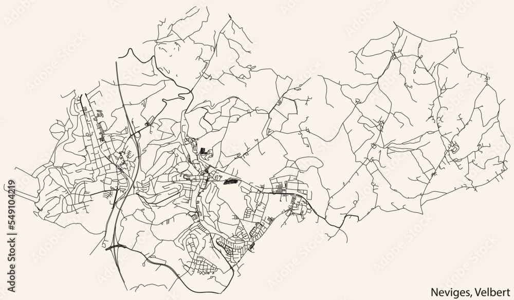 Detailed navigation black lines urban street roads map of the NEVIGES ...