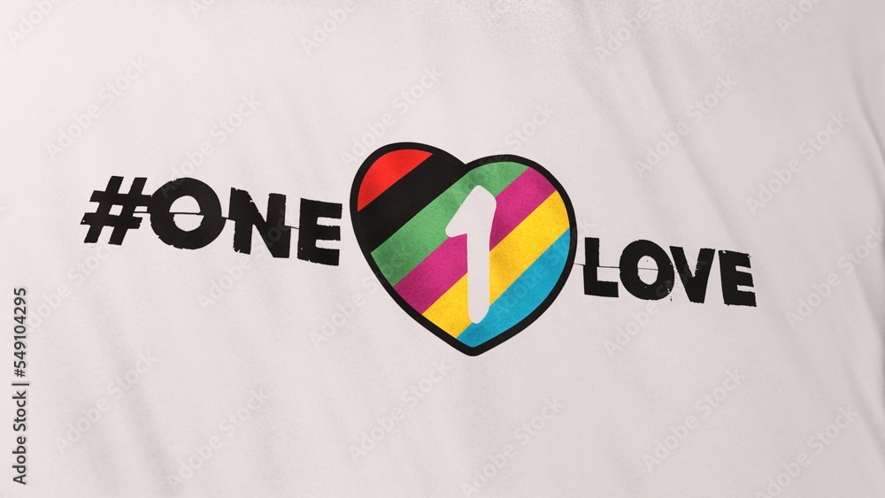 Hashtag symbol "One Love" and rainbow colored heart icon on white ...