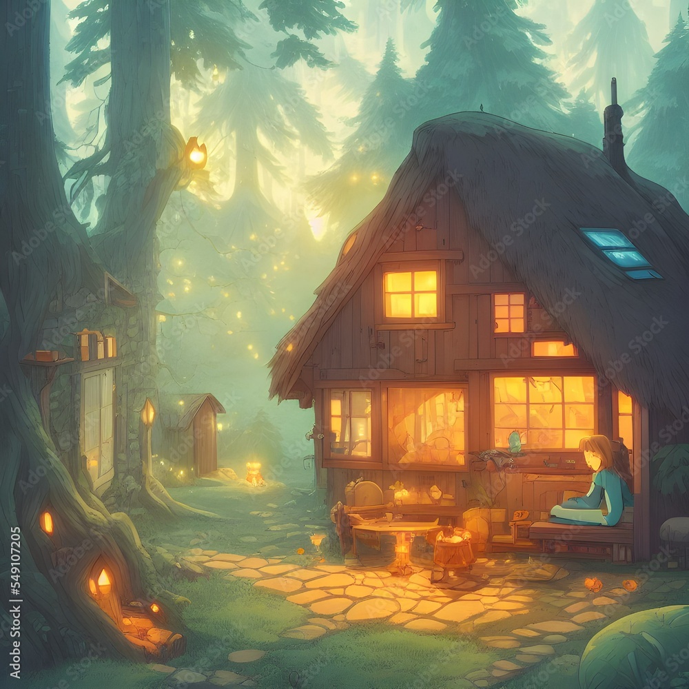 Yellow lighted cozy hut in cartoon forest Stock Illustration | Adobe Stock
