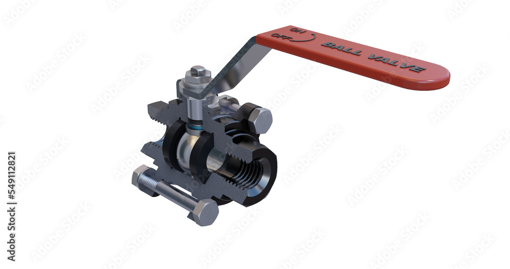 A cut out ball valve in an open position showing the internal seals ...