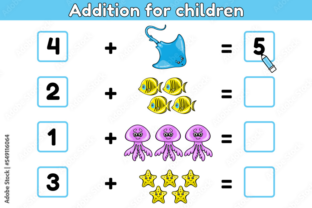 Math educational game for children. Addition. Count and write down the ...