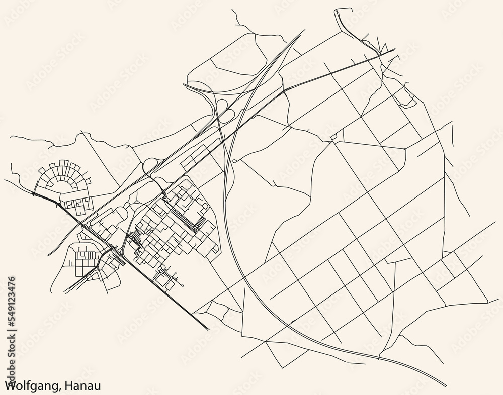 Detailed navigation black lines urban street roads map of the WOLFGANG ...