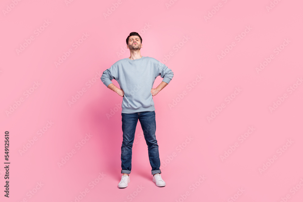 Full size photo of overconfident guy hands waist feeling egocentric ...
