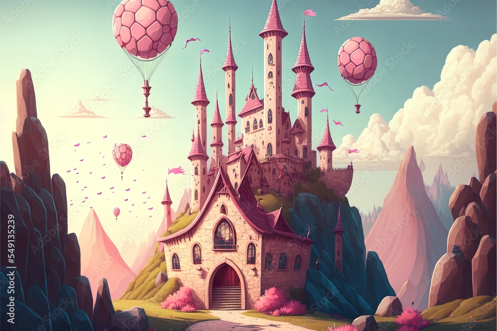 Pink Magic Castle, Princess Or Fairy Palace At Mountains With Rocky ...