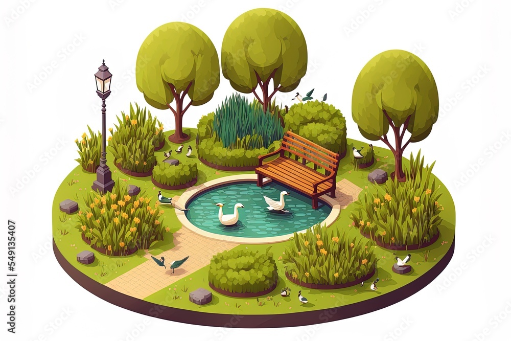 City Park Recreational Area Round Isometric Element With Bench Trees Bushes Pond Plants Reeds ...