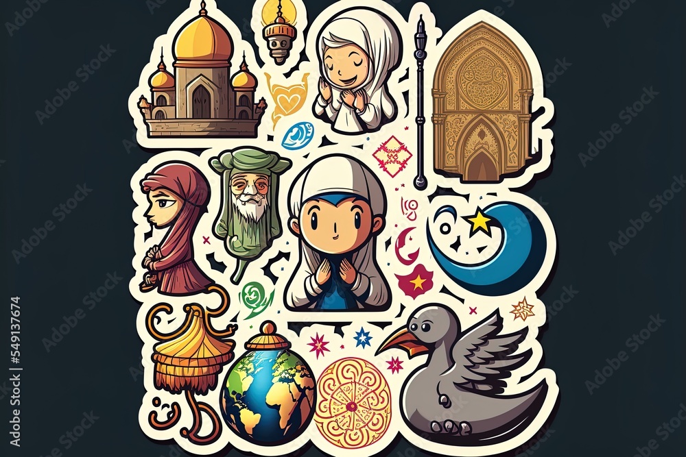 Sticker Illustration Of Islamic Religious Symbols And Cartoon ...