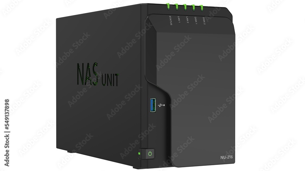 Black NAS (Network attached storage) with 2 bays, front isometric view ...