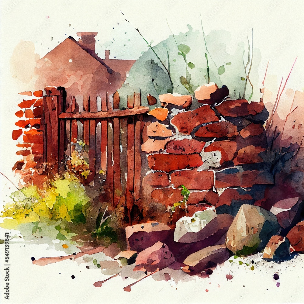 watercolor textures of building materials, a brick wall with a fence ...