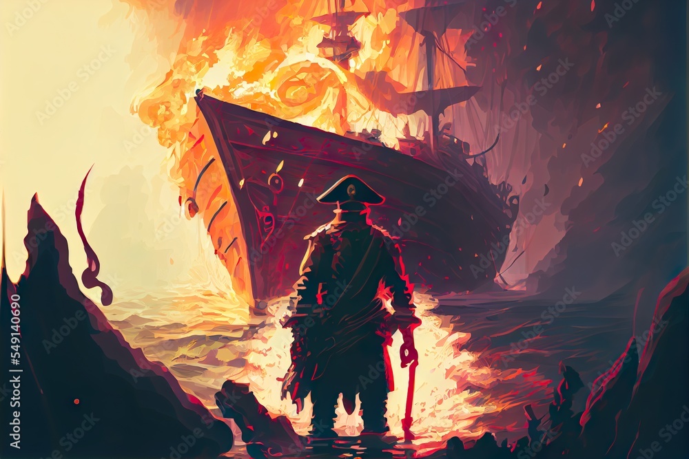 pirate with burning torc, a person standing in front of a burning ...