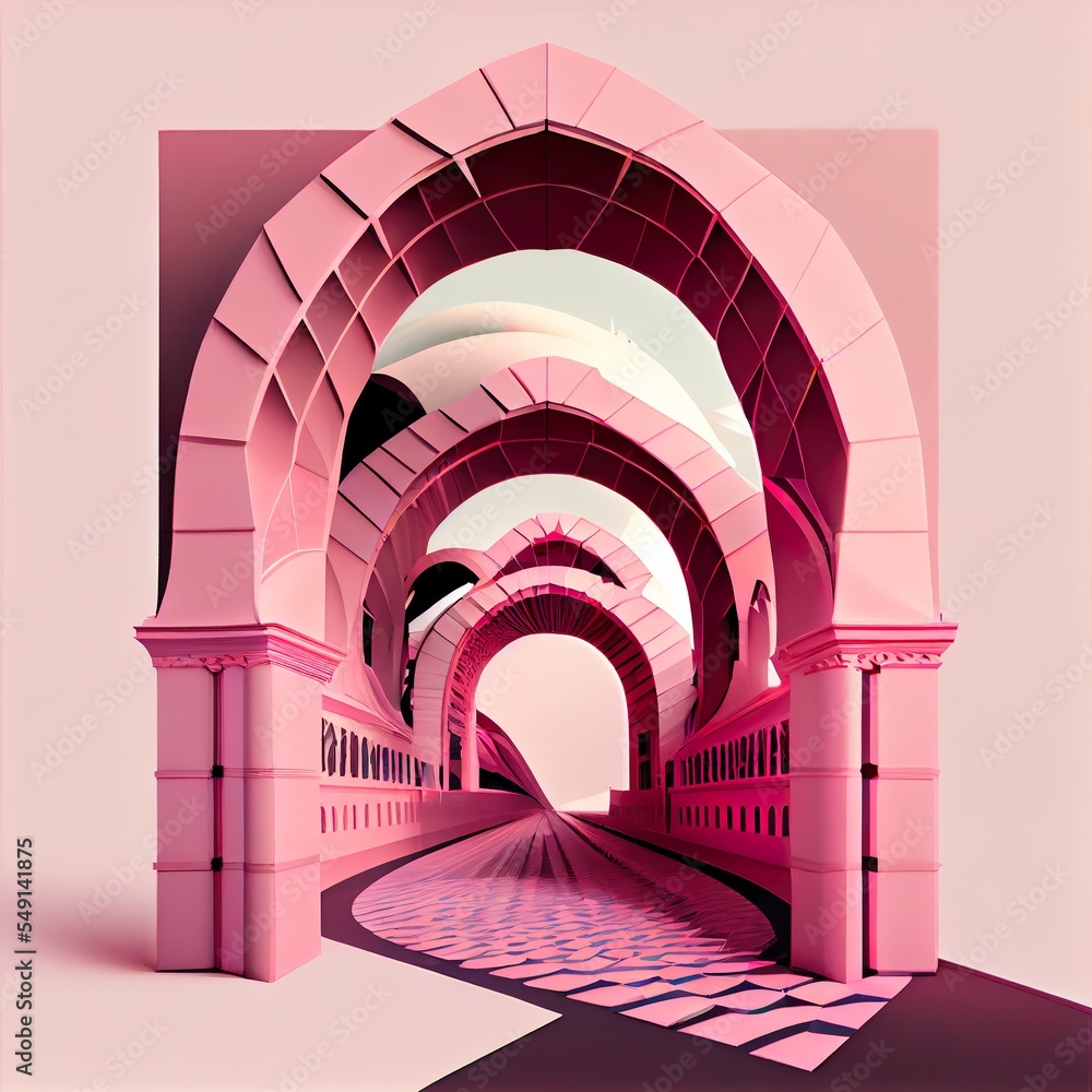 pink arches with a polygon, a pink spiral staircase, illustration with ...