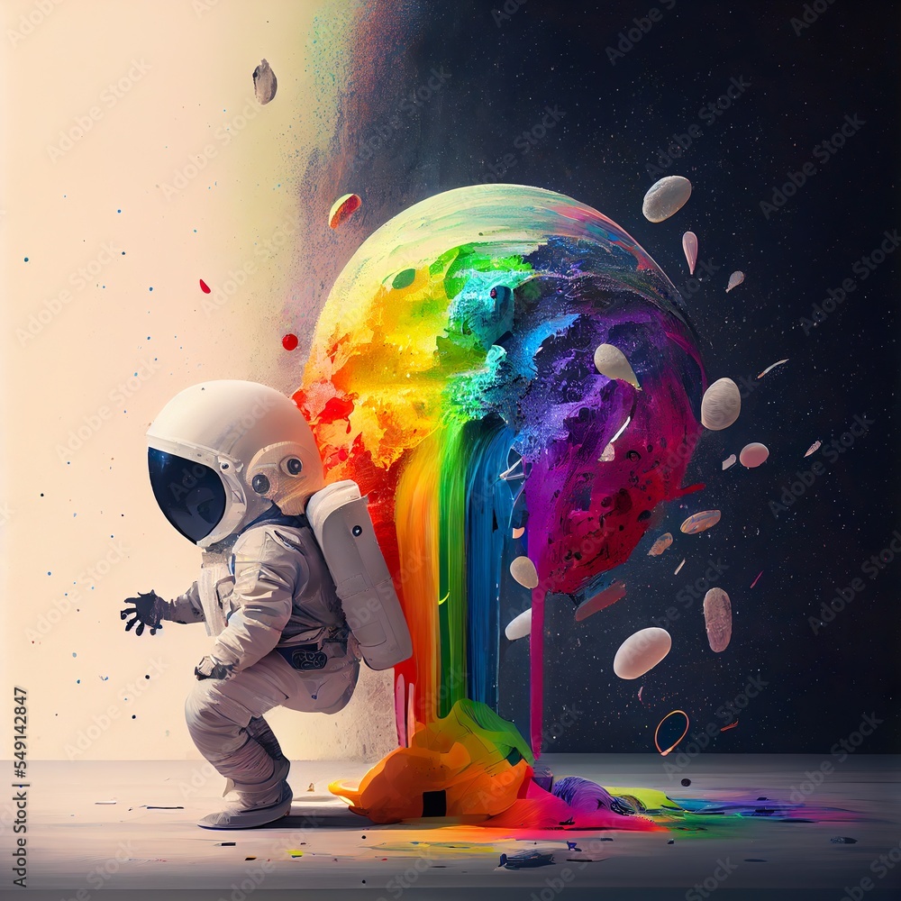 little astronaut with abstract rainbow, a person in a space suit ...