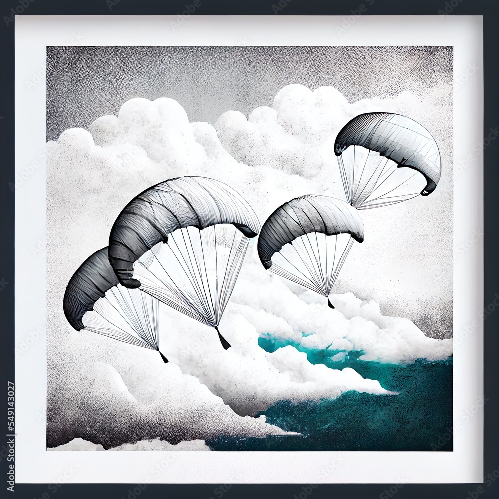 illustration of paragliders in formation of four flying in the sky full ...
