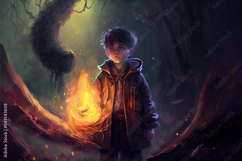 fantasy scene of the young boy released magical power, digital art ...
