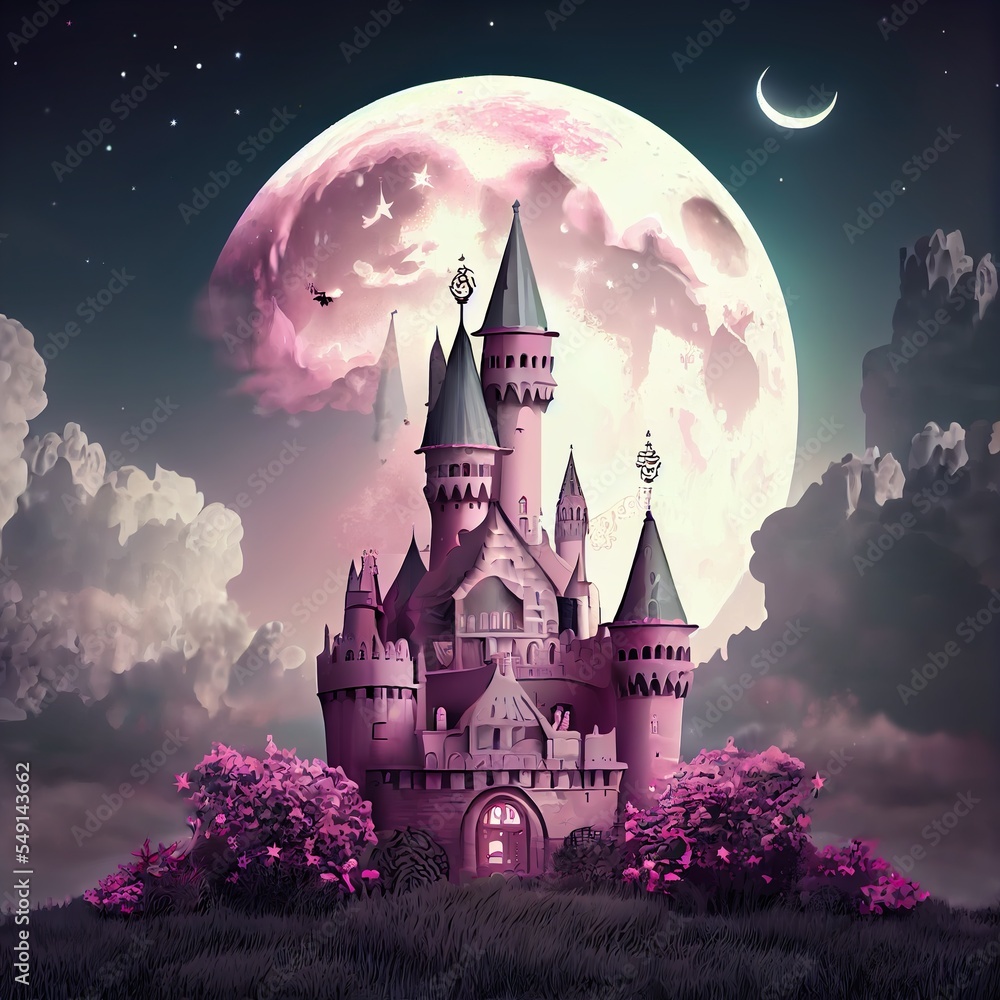 princess castle with pink towers, a castle with a full moon ...