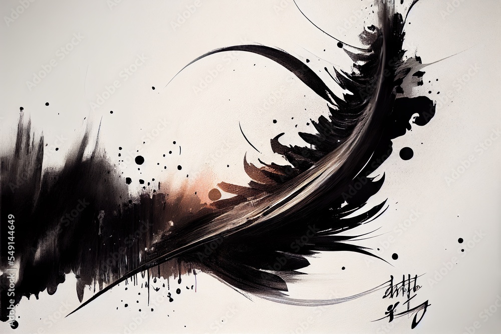 calligraphic brush strokes, a black and white image of a fish with a ...
