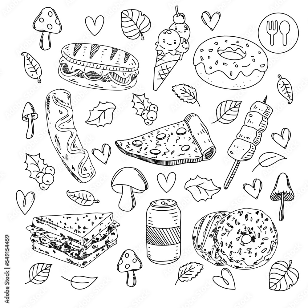 Coloring page doodle food and leaves set Stock Vector | Adobe Stock