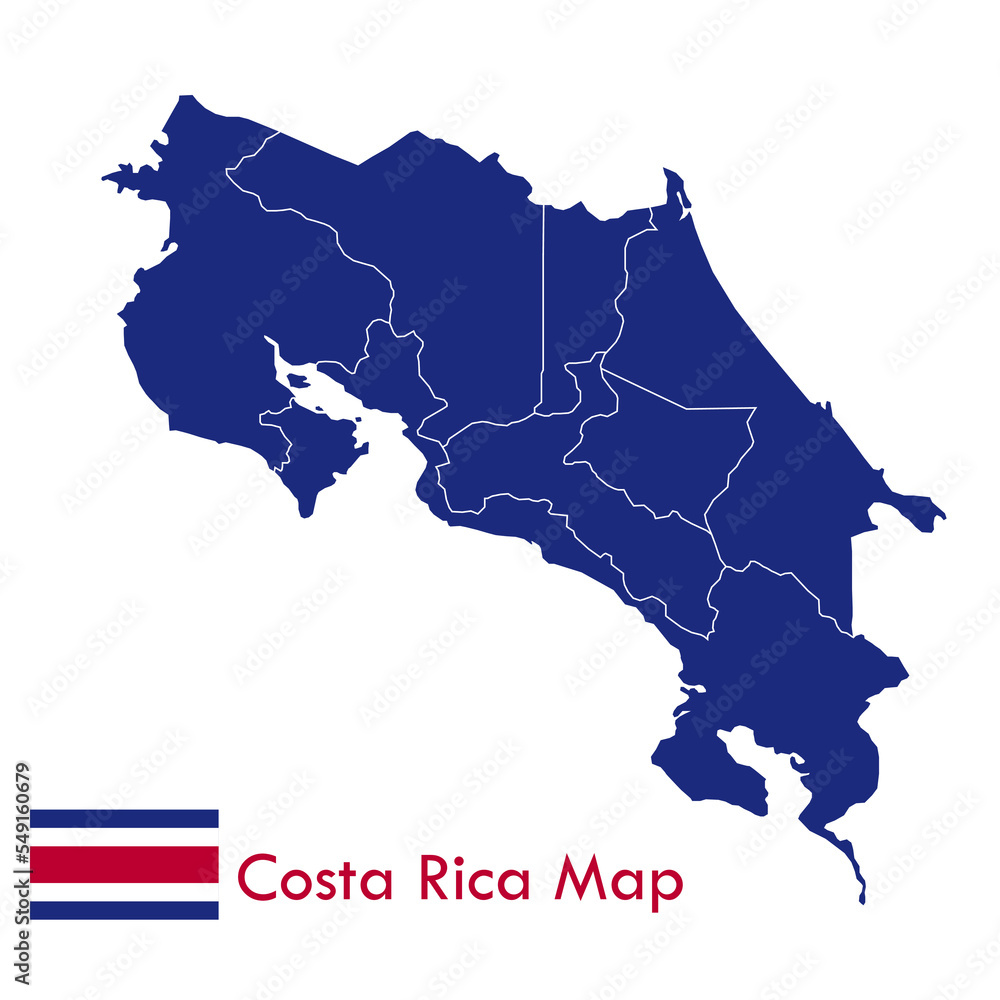 Blue Costa Rica country map vector with separate cities and territories ...
