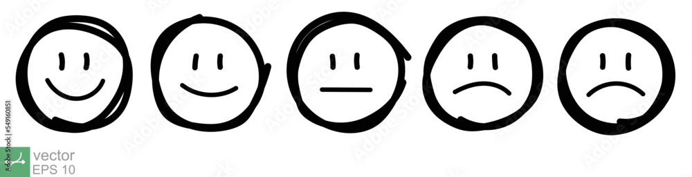 Set of five hand drawn outline faces different moods. Feedback emoticon ...