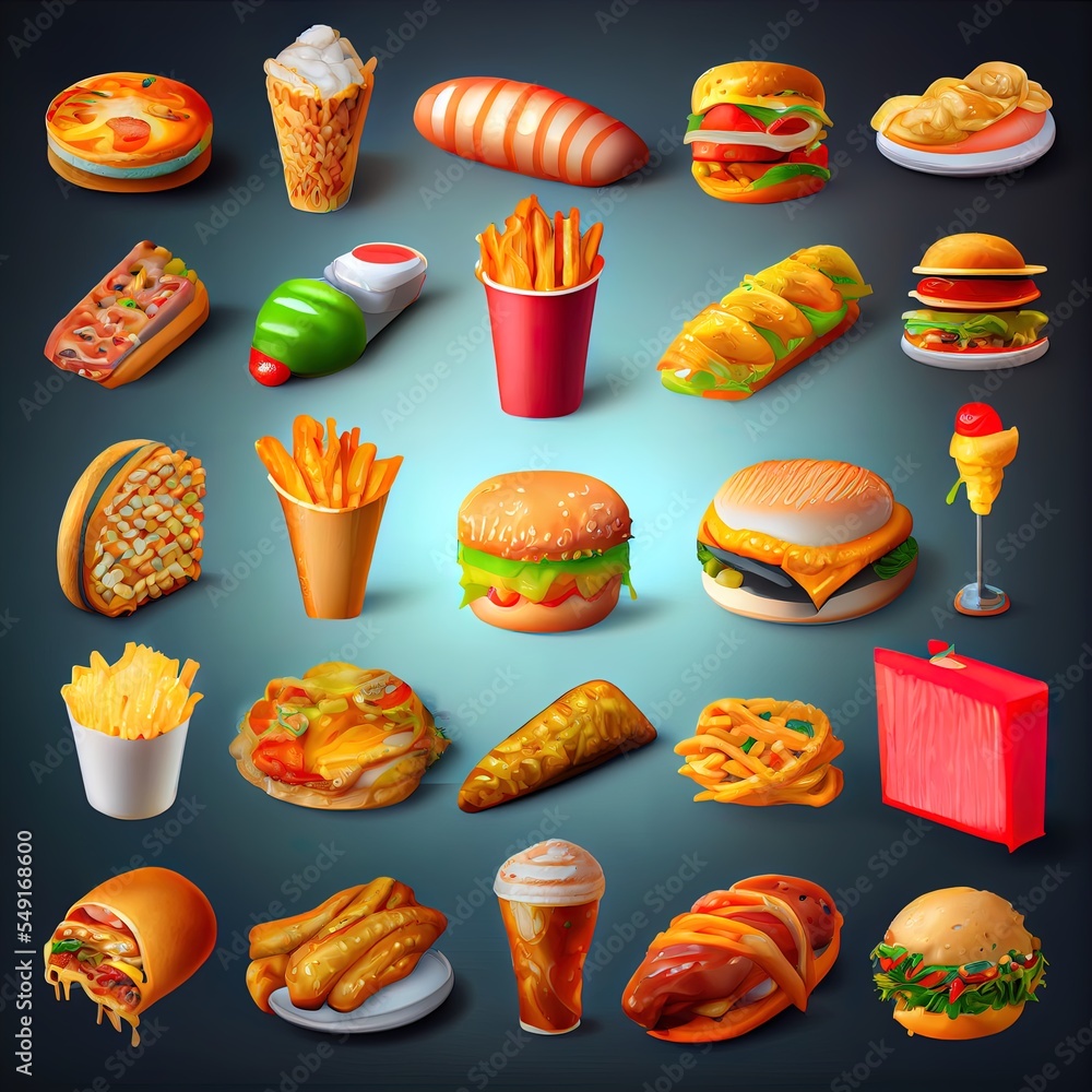 a bunch of different types of food on a blue background with a black ...