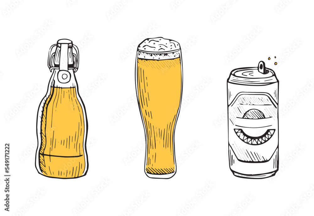 Collection of beer in sketch style. Hand drawings in art ink style ...