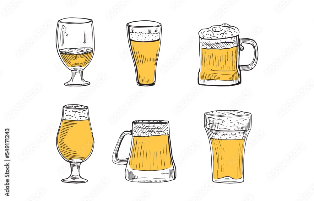 Collection of beer in sketch style. Hand drawings in art ink style ...