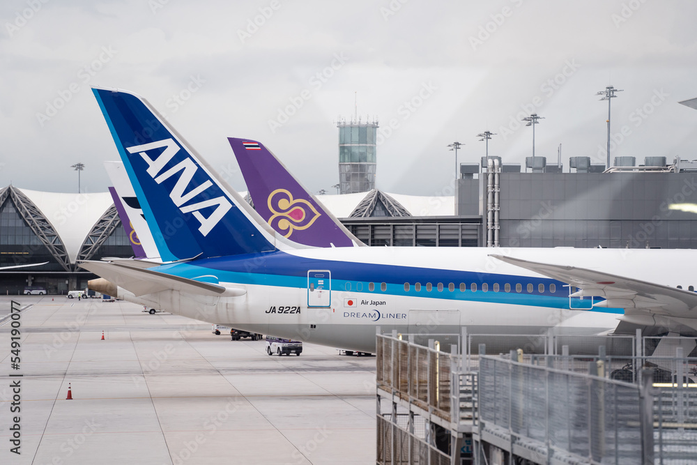 BANGKOK, THAILAND - AUG 12, 2022: Tail of the ANA Air aircraft. ANA Air ...