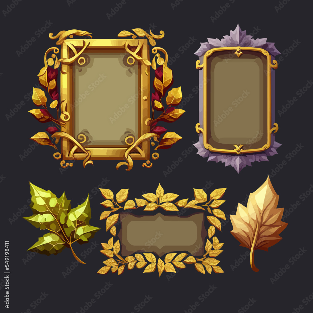 Empty rectangle, round frames border with leaves and gems in medieval ...