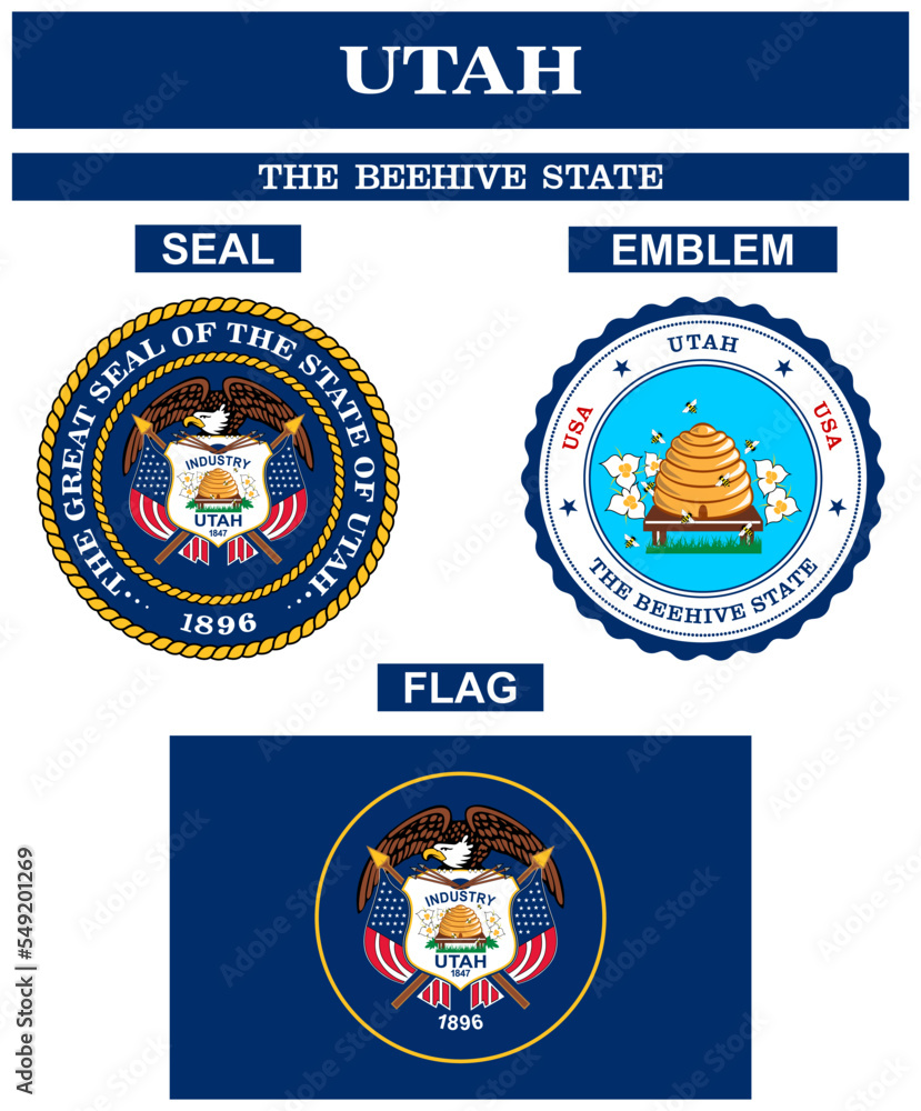 Utah Symbol Kollektion mit Fahne, Siegel und Emblem als Vektor. vector ...