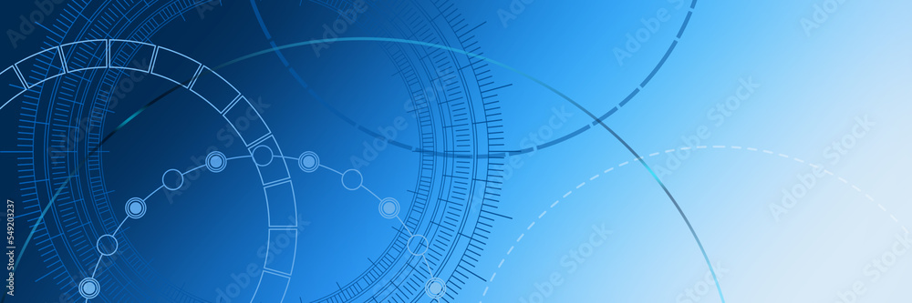 Abstract blue gradient illustration with overlapping circles, dots and dashed circles. Science ...