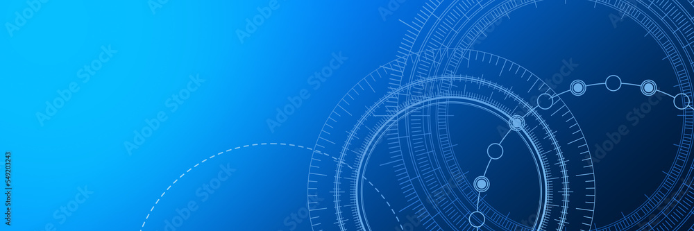 Abstract blue gradient illustration with overlapping circles, dots and dashed circles. Science ...