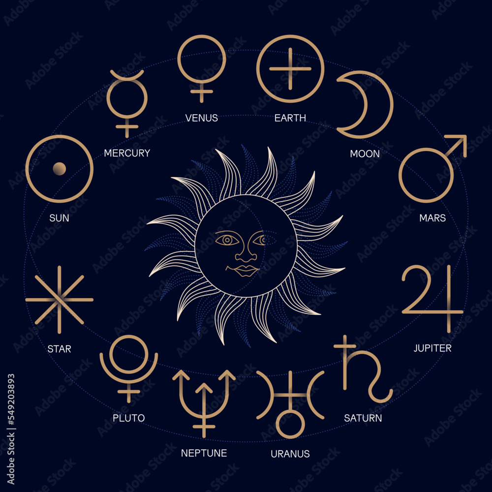Solar system zodiac horoscope astrological thin line label linear ...