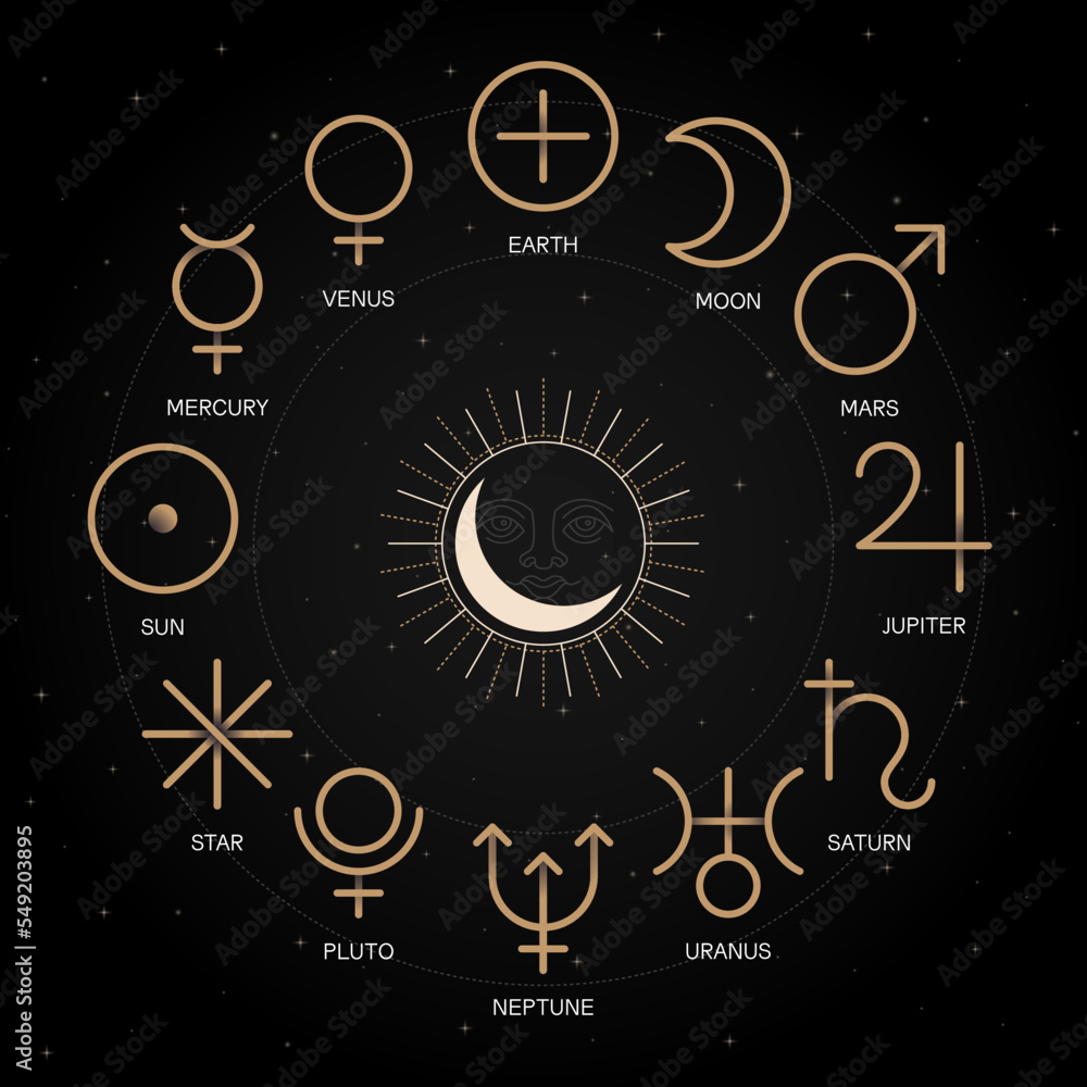 Solar system zodiac horoscope astrological thin line label linear ...