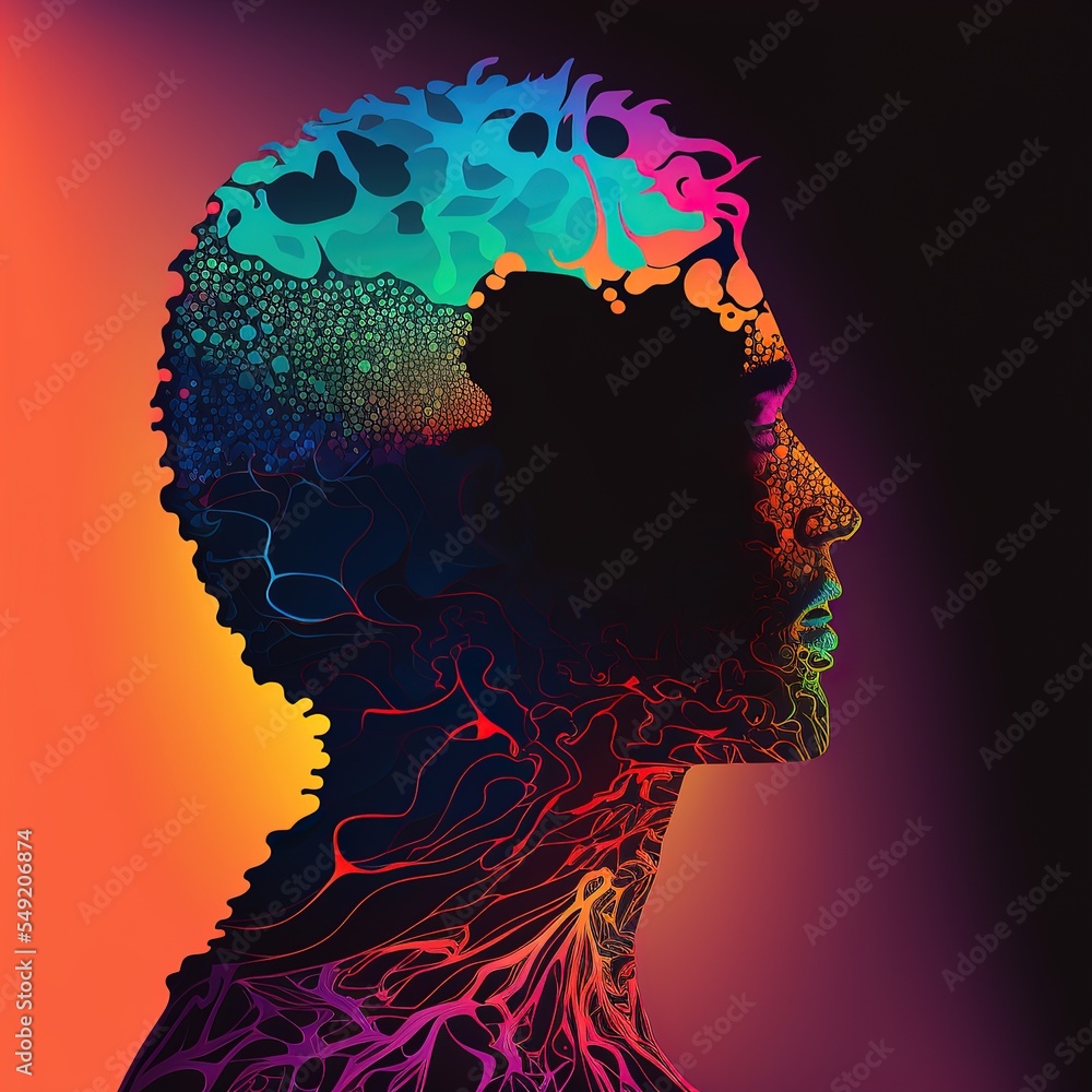 Colorful trippy euphoric man silhouette illustration. The journey deep ...