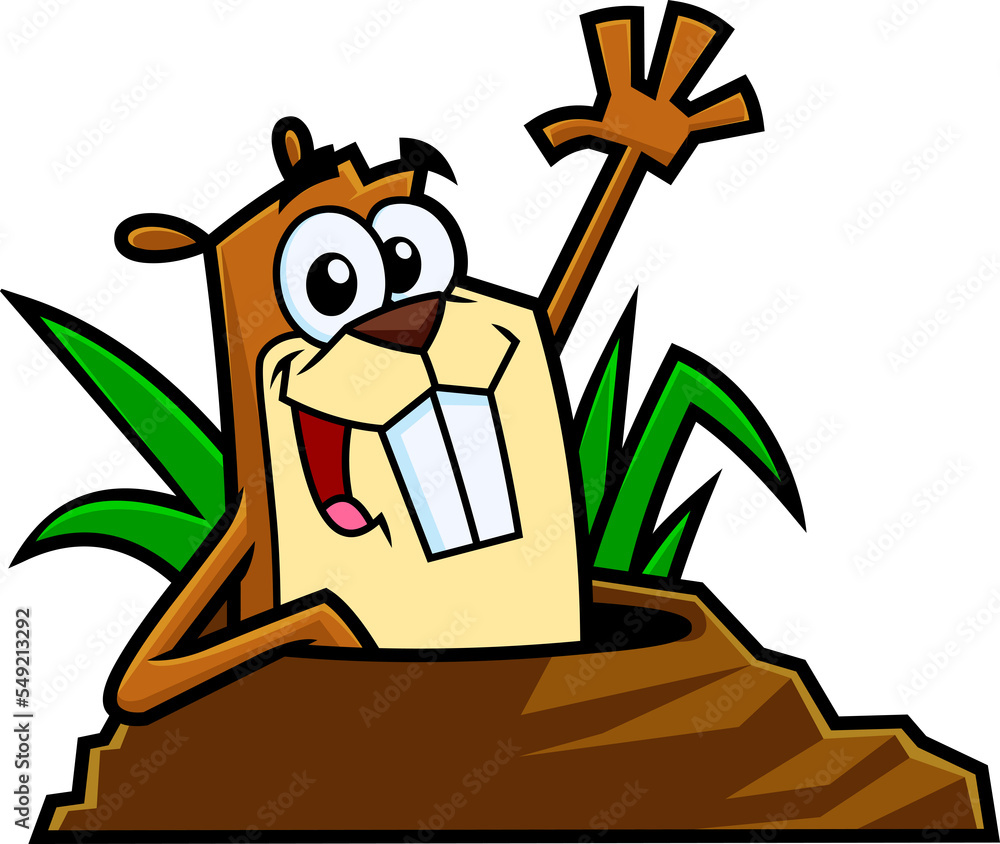 Cute Marmot Cartoon Character Emerging From A Hole And Waving. Hand ...