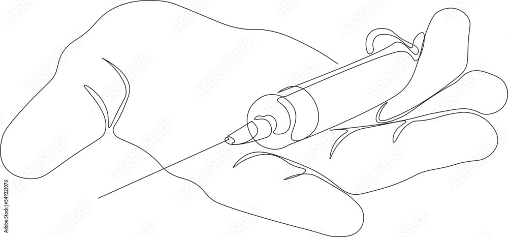 Continuous one line drawing of a syringe with a needle lying in a hand ...