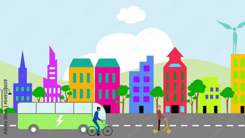 Green city life concept. 4K flat cartoon animation of people cycling ...