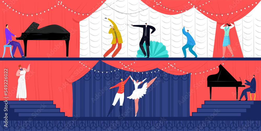 Theater flat performance at show, vector illustration. People artist ...