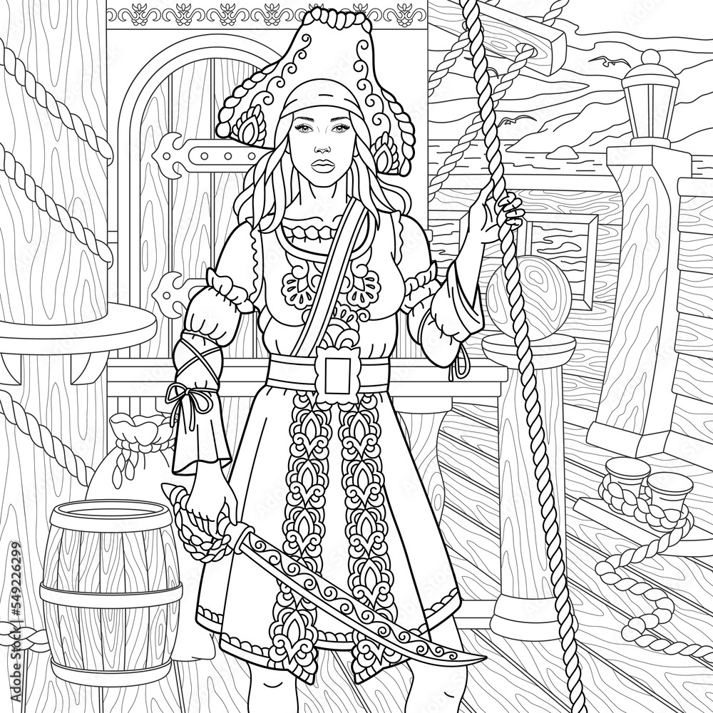 Pirate girl aboard a sailing ship. Adult coloring book page in mandala ...