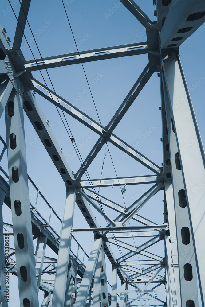 Metal bridge made of hollow beams fastened with bolted joints. Stock ...