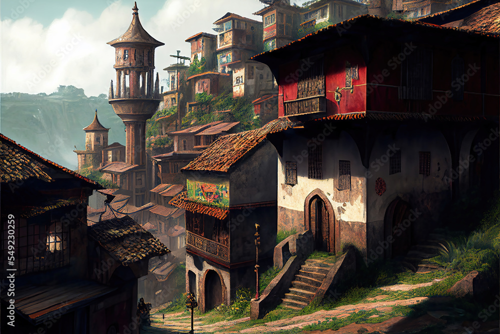AI generated image of a medieval favela or slum on the hillside ...