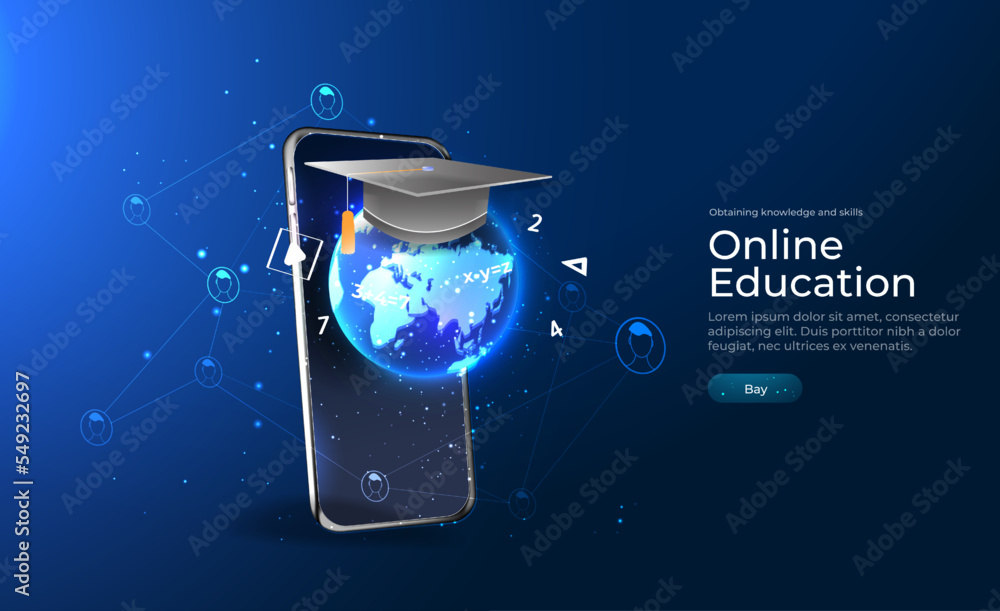 Digital vector illustration. Online education blue background or ...