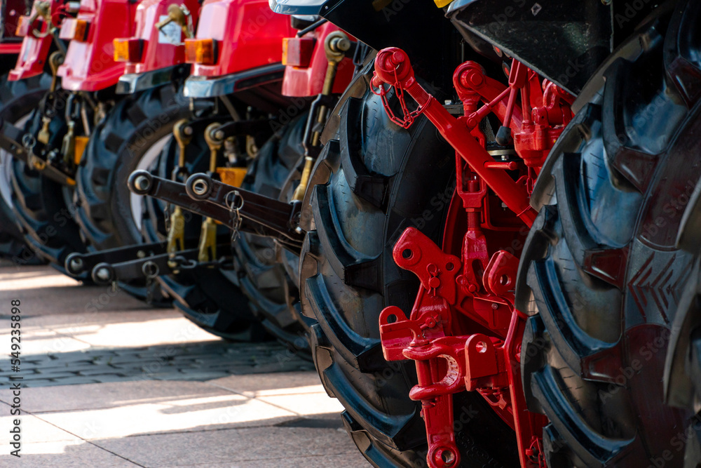 View of the back of a modern tractor. Hydro-mechanical system for ...