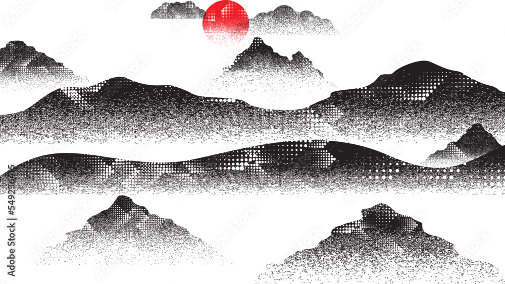 Mountain silhouettes with sun textured with halftone dots textures ...