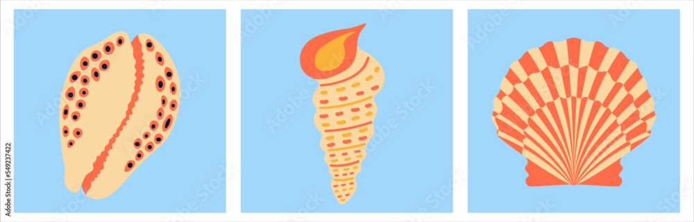 Cartoon shells. Summer ocean animals, marine habitats and aquarium hand ...