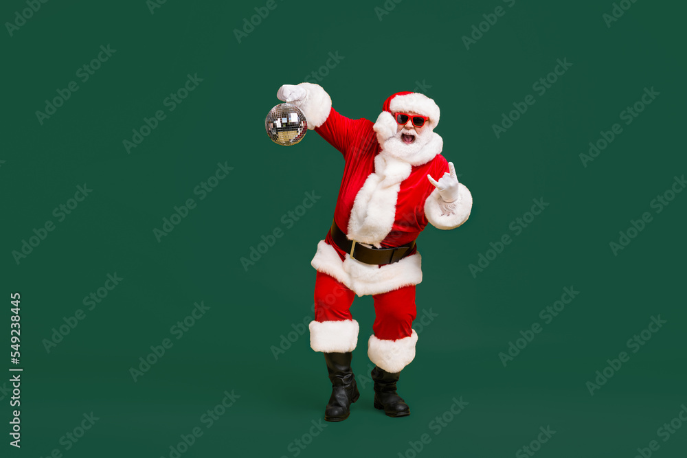 Full body photo crazy santa claus with grey beard hold disco ball show ...