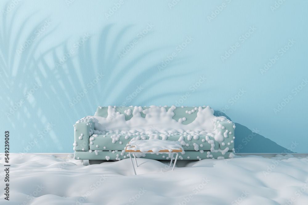 Snow Over Blue Simple Modern Sofa Furniture and Table in Abstract Empty ...