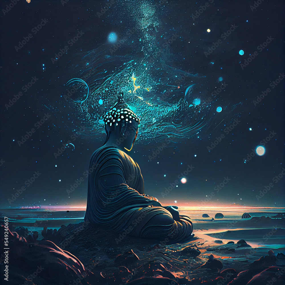 Buddha meditating in space - galaxies, stars, space dust, cosmic lights ...