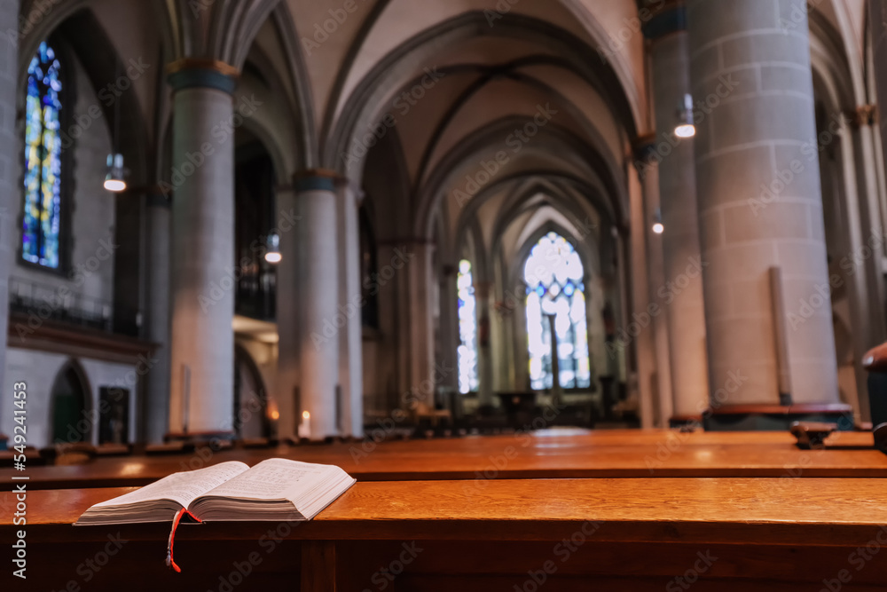 28 July 2022, Essen, Germany: Open Bible book in the interior of the ...
