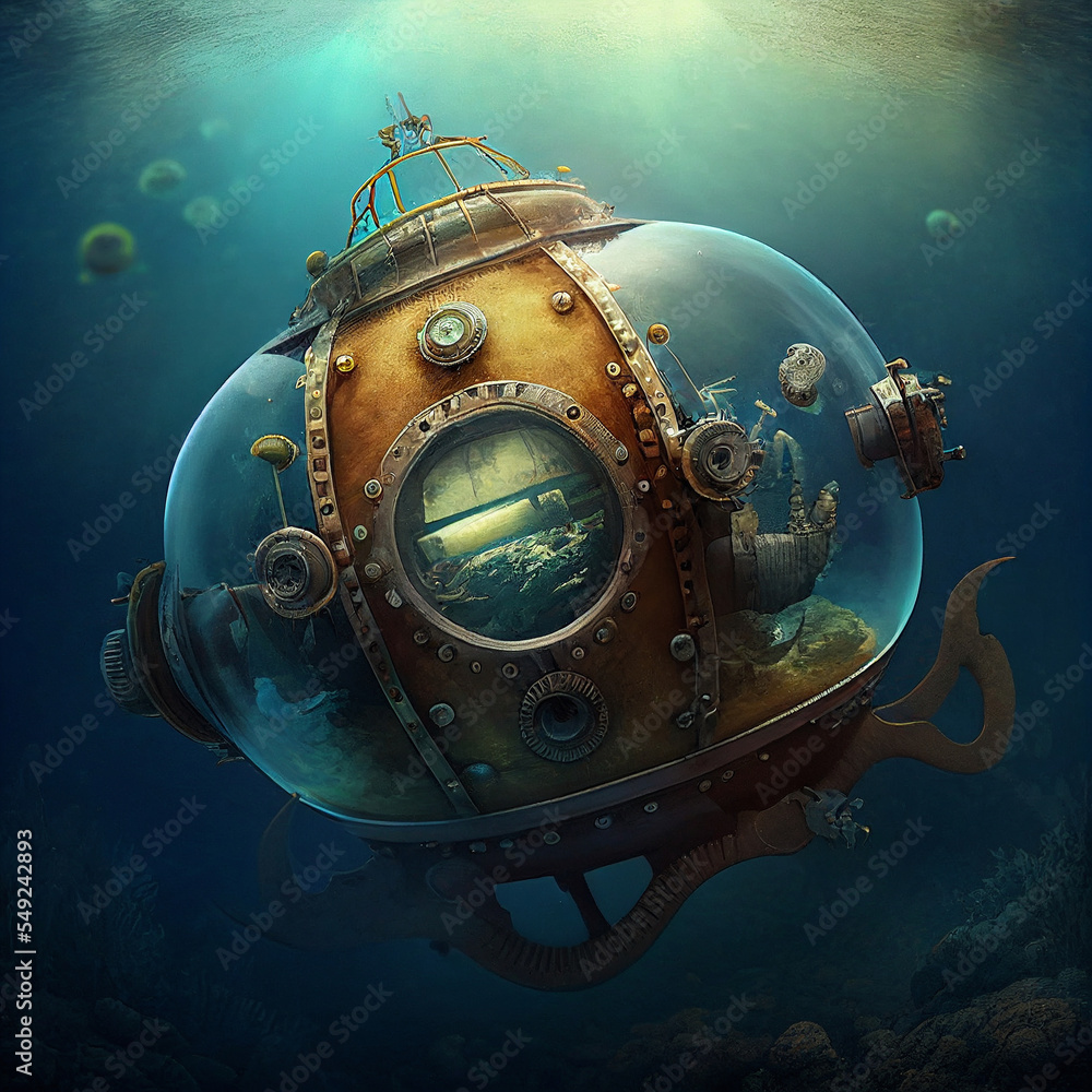 Steampunk fantasy: adventure and exploration of the depth sea with a bathyscaphe made with ...